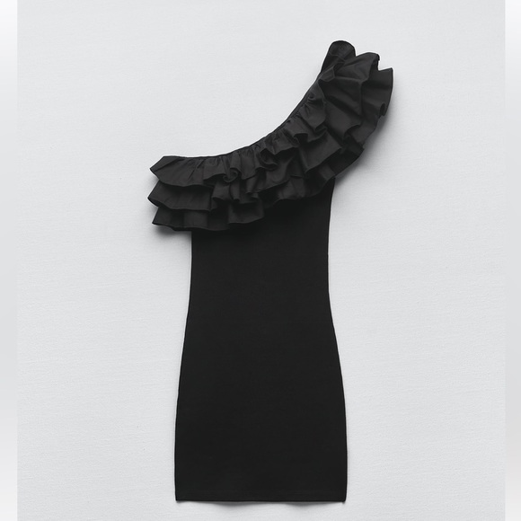 Zara | Dresses | Zara Black Asymmetrical Ruffle Neckline Ribbed Mini ...